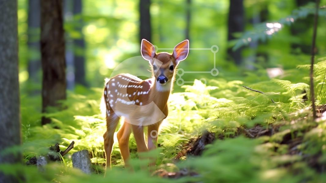 Beautiful picture of a fawn in a lush green forest with dappled ...