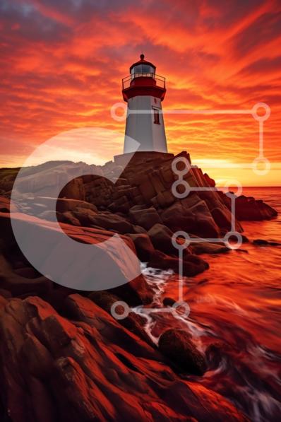 Stunning Red Sunset over a Lighthouse on a Rocky Shore stock photo ...