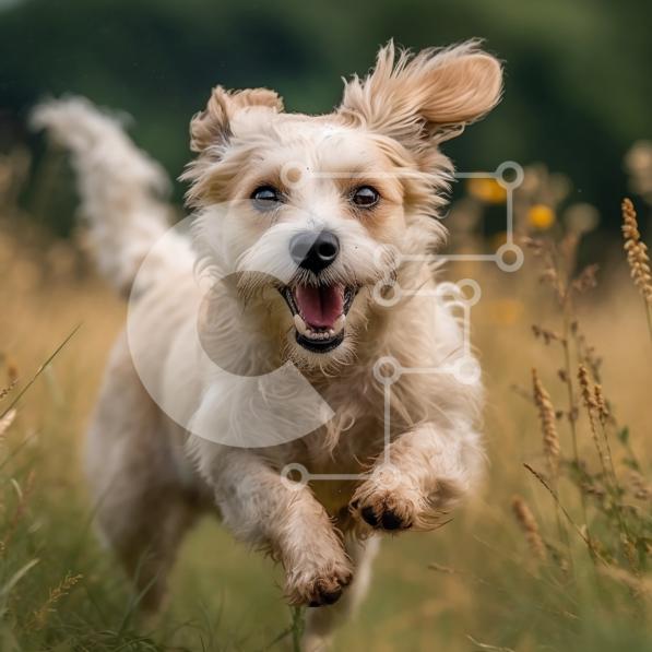 Playful Dog Running In A Field Of Tall Grass Under The Sun stock photo ...
