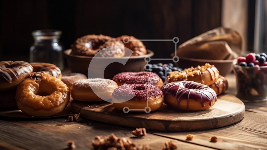 Delicious Assorted Doughnuts with Various Toppings on a Wooden Table ...