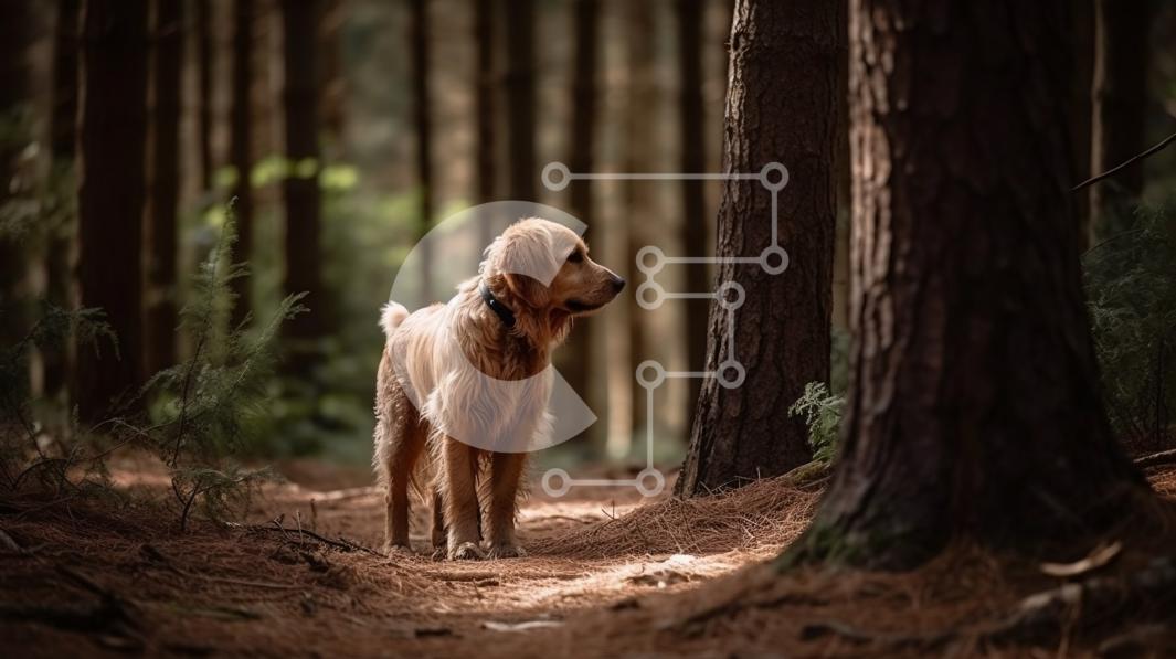 Adorable Golden Retriever Dog Standing in a Pine Forest stock photo ...
