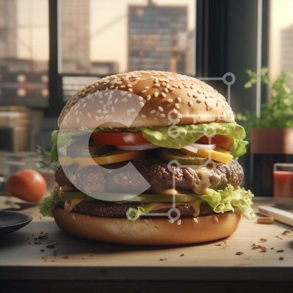 Mouthwatering Hamburger with a View of the City Skyline stock photo ...