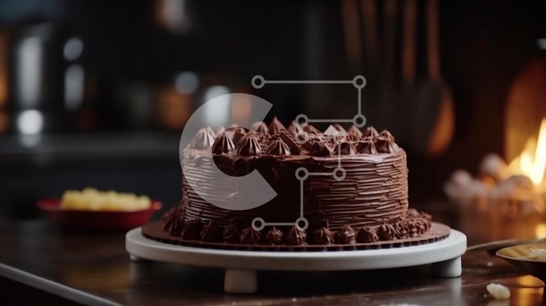 Chocolate Cake on a Plate in Front of a Fireplace stock photo ...