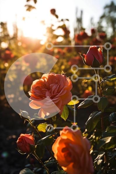 Beautiful Field of Orange Roses with the Sun Setting stock photo ...