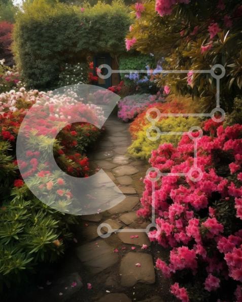 Tranquil Garden Path with Cottage and Colorful Flowers stock photo ...