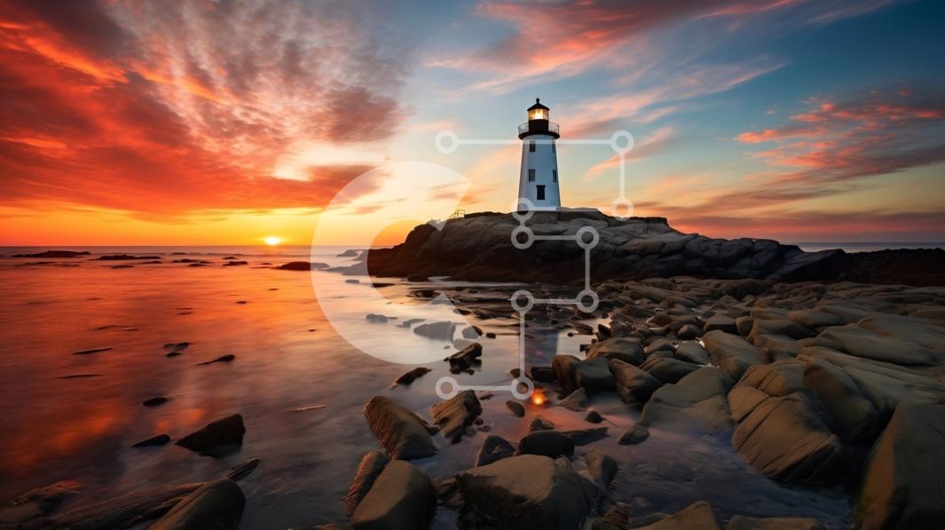 Beautiful Sunset Picture with Lighthouse on Rocky Shore stock photo ...