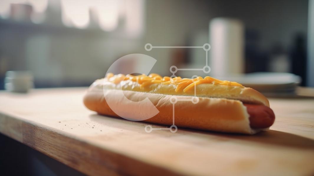 Delicious Picture of a Hot Dog with Cheese on a Wooden Table stock ...