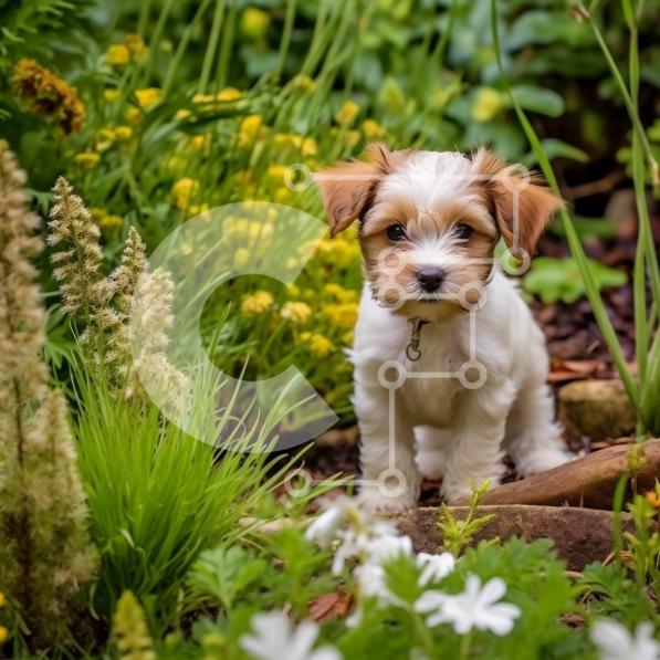 Adorable Dog in a Beautiful Garden with Colorful Flowers and Plants ...