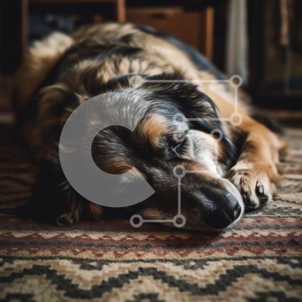 Adorable Image of a Sleeping Dog on a Patterned Rug stock photo ...