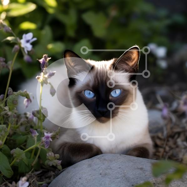 Beautiful Picture of a Cat Sitting on a Rock Surrounded by Flowers ...