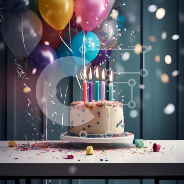 Colorful Birthday Celebration with Cake and Balloons stock photo ...
