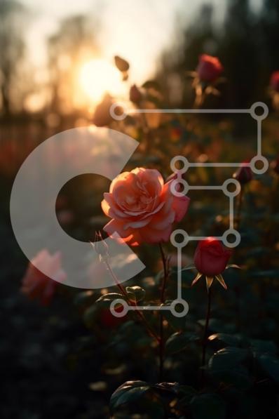 Field of Pink Roses in the Sunset stock photo | Creative Fabrica