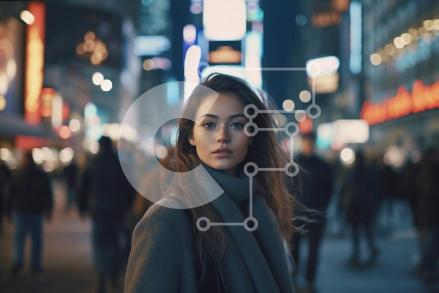 Serious young woman in gray coat standing on busy city street at night ...