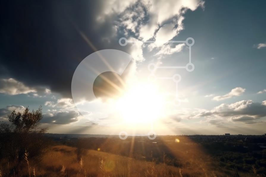 Beautiful Landscape with Sun Shining Through Clouds over Fields and ...