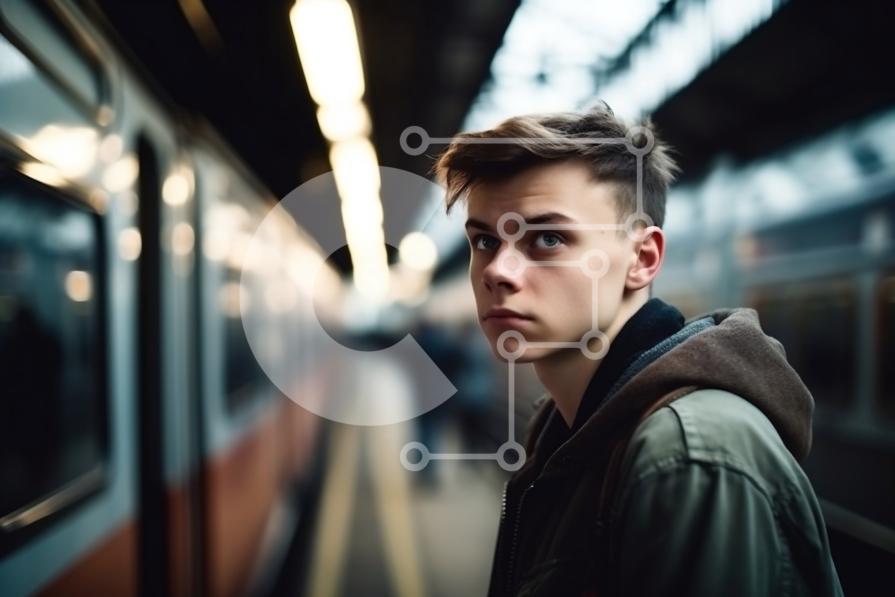 Serious Young Man in Green Jacket on Train Platform stock photo ...