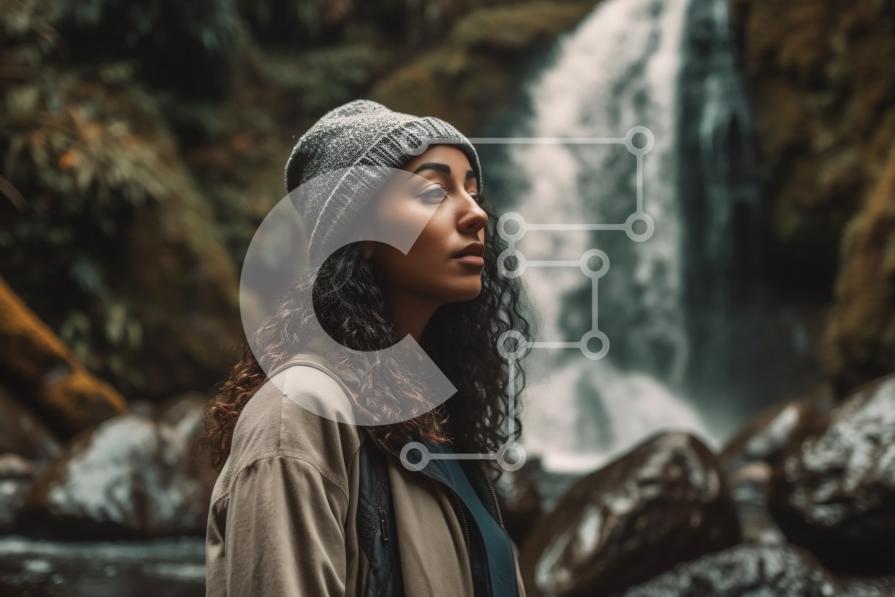 Beautiful Picture of a Woman in Thought at a Majestic Waterfall stock ...