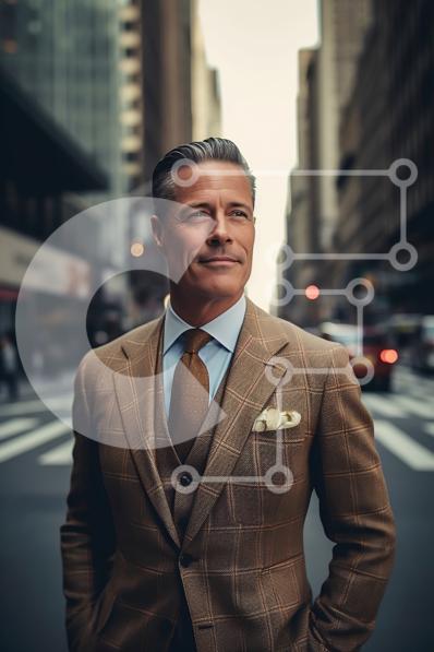 Serious Man in a Tan Suit on a City Street stock photo | Creative Fabrica