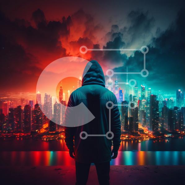Vibrant Image of Hooded Person on Rooftop Overlooking Illuminated City ...