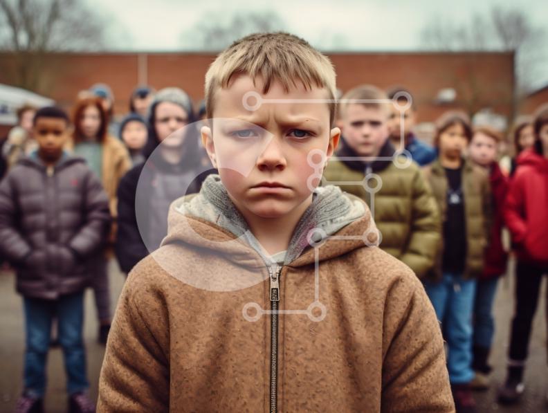 Boy with Scowl Standing in Front of a Group of People stock photo ...