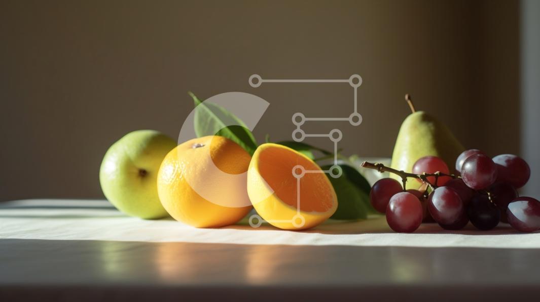 Fruit Table Setting with Oranges, Grapes, and Apples stock photo ...