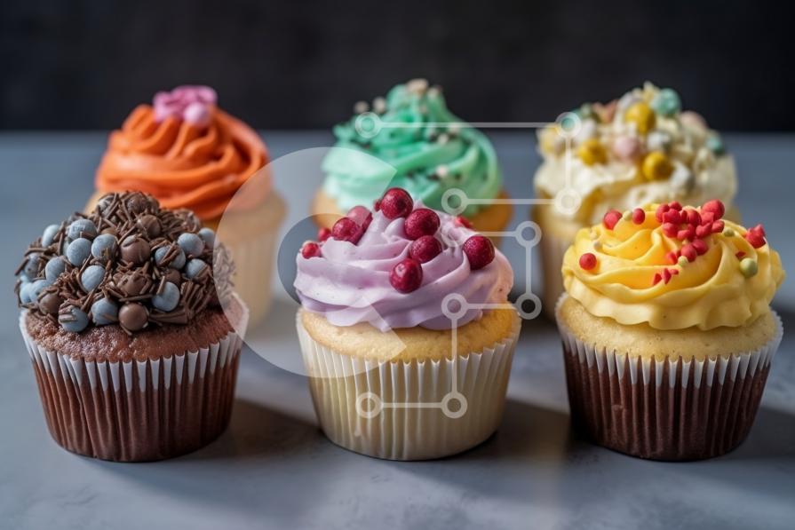 Group of Colorful Cupcakes with Frosting and Sprinkles stock photo ...