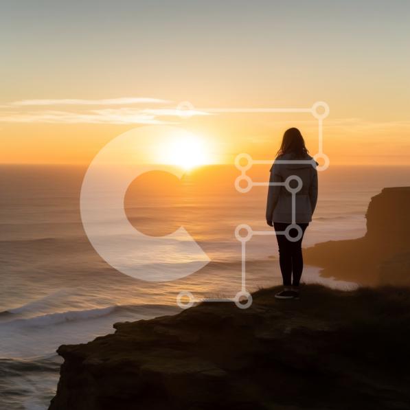 Stunning Sunset View of Woman Standing on a Cliff Overlooking the Ocean ...