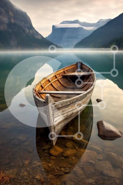 Peaceful scene of wooden boat on calm mountain lake stock photo ...