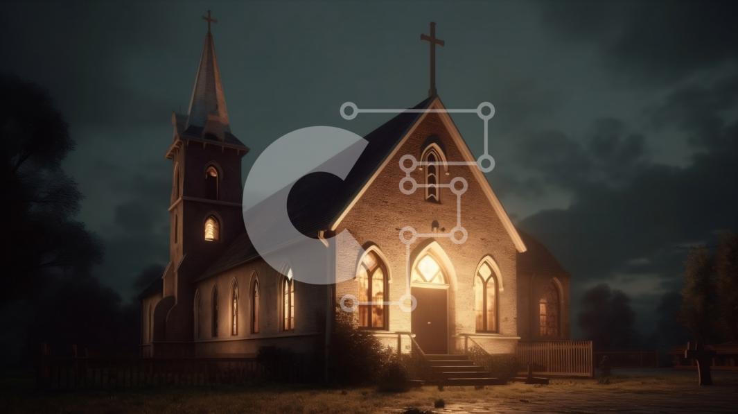 Creepy Church at Night with Full Moon and Stained Glass Windows stock ...