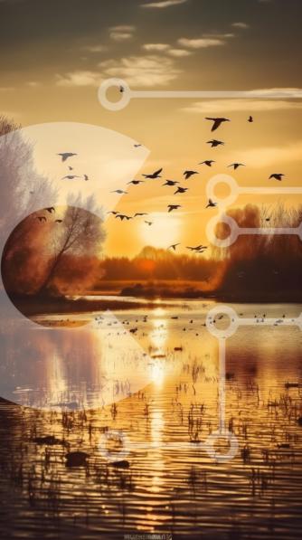 Stunning Sunset Over a Serene Lake with Gliding Birds stock photo ...