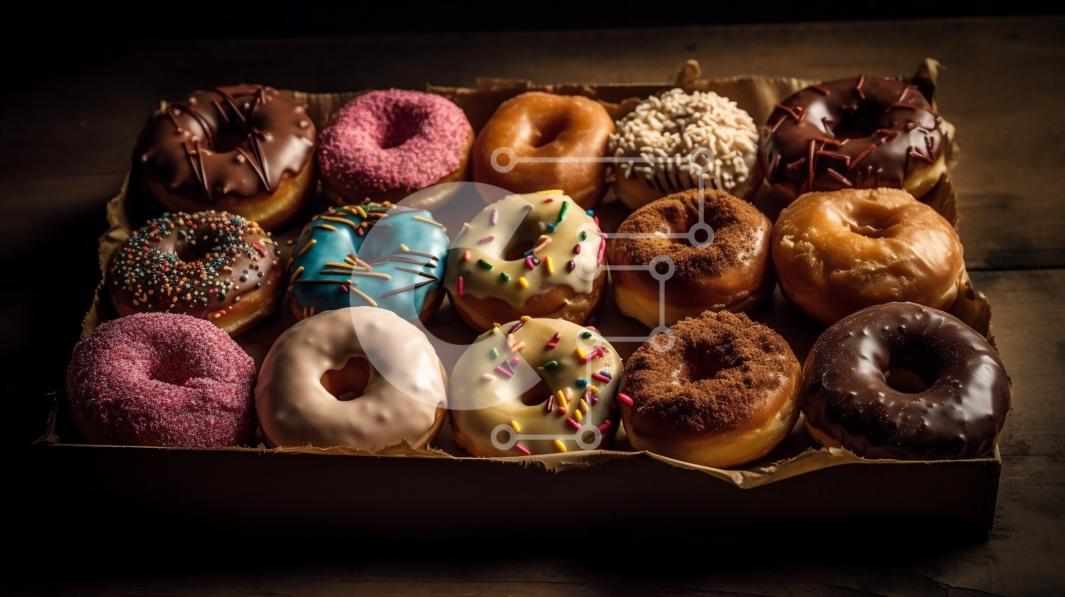 Delicious Assortment of Doughnuts in a Box stock photo | Creative Fabrica