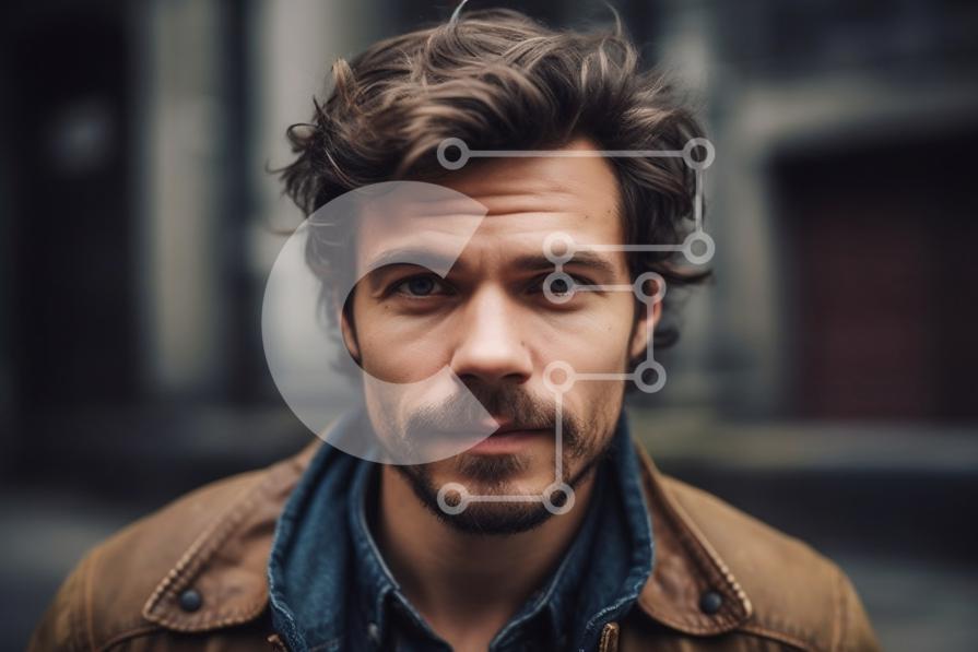 Serious Man in Leather Jacket and Blue Shirt Looking at Camera stock ...