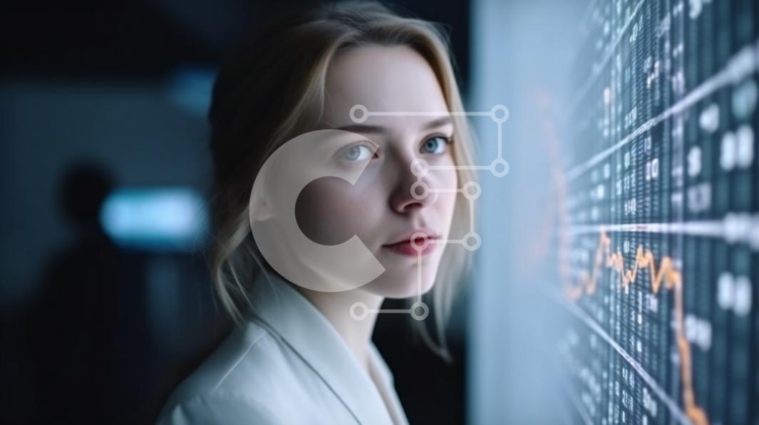 Professional woman analyzing financial data on a computer screen stock ...