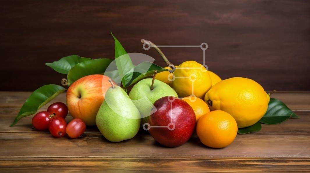 Fresh Fruits Arrangement on a Rustic Wooden Table stock photo ...