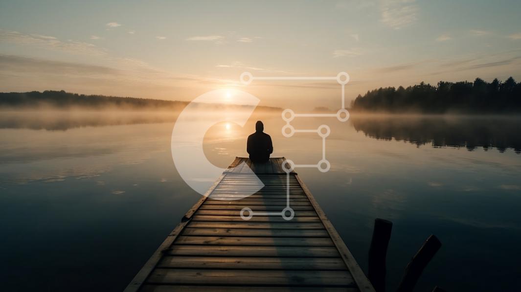 Beautiful Sunrise at Misty Lake with Person Sitting on Dock stock photo ...