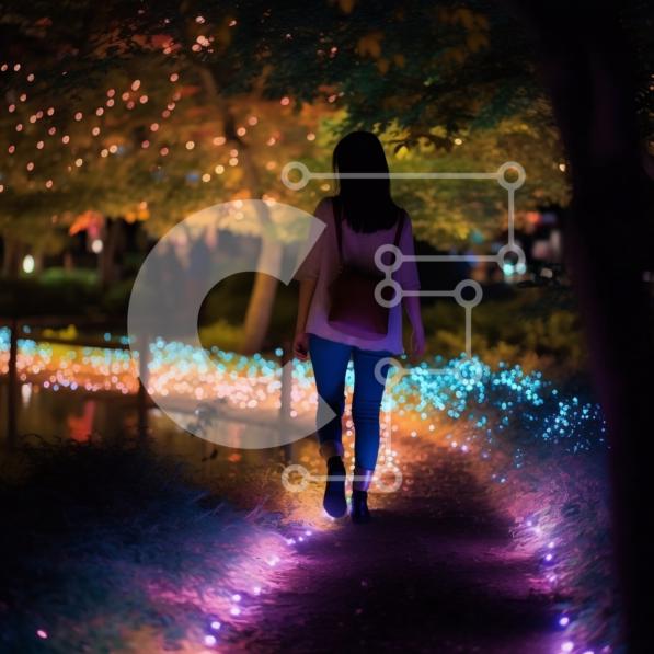 Beautiful Picture of Woman Walking on a Colorful Path at Night stock ...