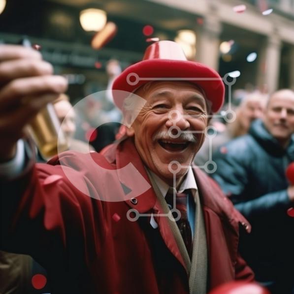 Festive photo of elderly man with champagne and crowd stock photo ...
