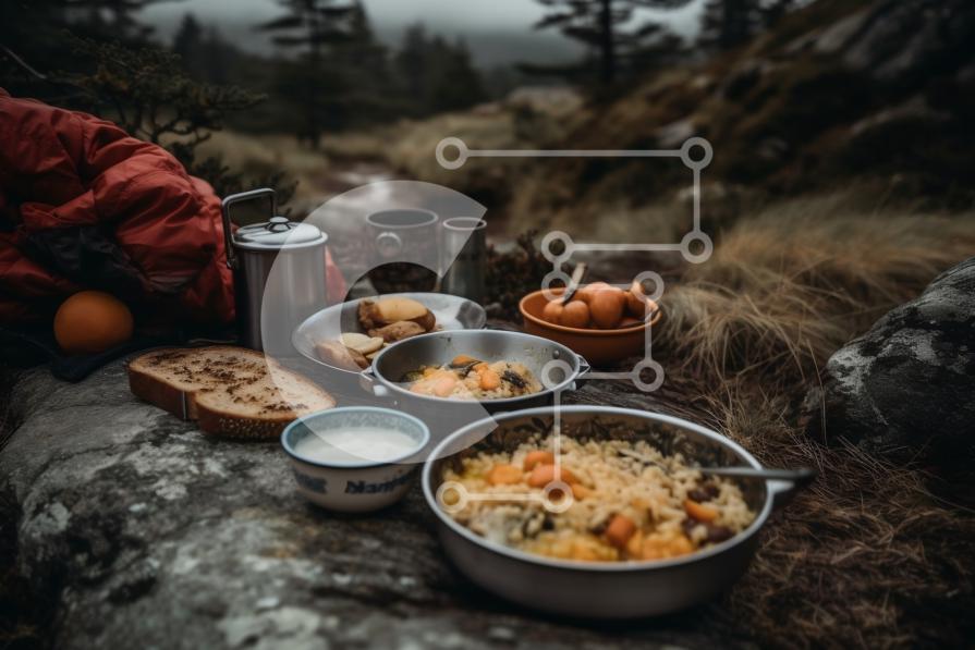 Enjoy a Delicious Camping Meal in the Mountains stock photo | Creative ...