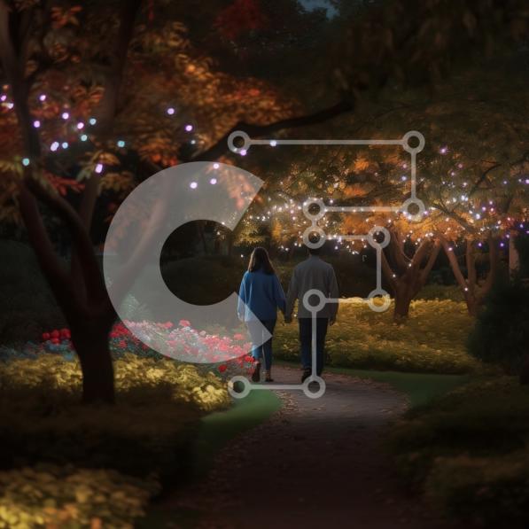 Romantic Night Stroll: Couple Walks Down Path Lined With Colorful ...