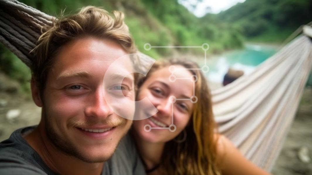 Happy couple enjoying a relaxing time in a hammock stock photo ...