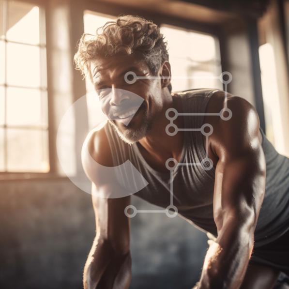 Smiling Man in Gym with Exercise Machines and Weights stock photo ...