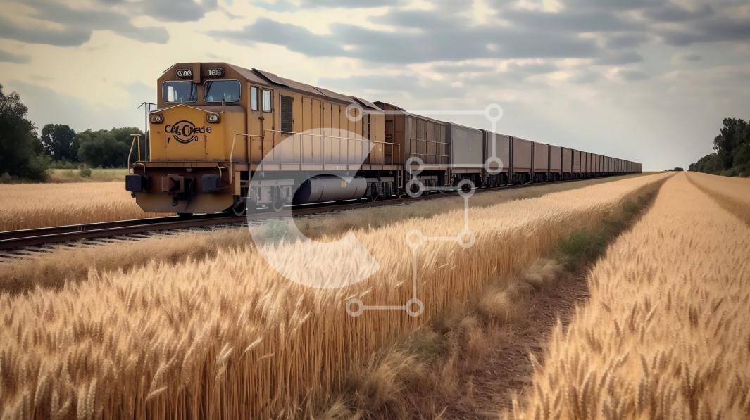 Yellow Train in a Field of Golden Wheat stock photo | Creative Fabrica