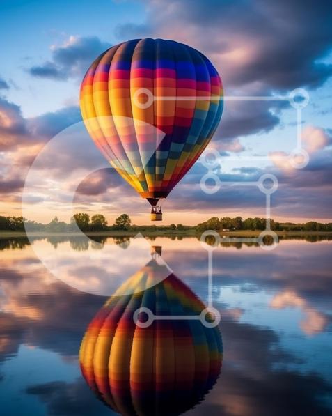 Breathtaking hot air balloon ride over a serene body of water during ...
