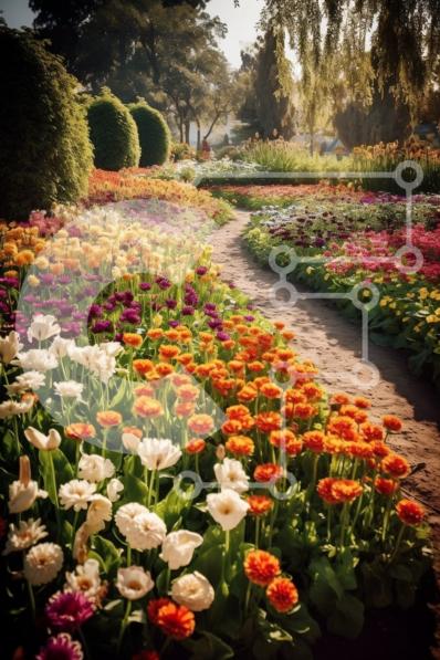 Beautiful Flower Garden with a Path stock photo | Creative Fabrica