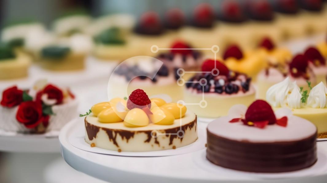 Colorful Tray of Cakes, Tarts, and Macarons with Fruits and Flowers ...