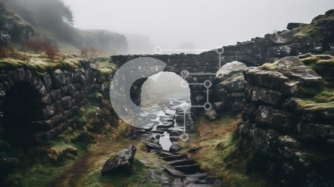 Paysage noir et blanc avec un étroit chemin rocheux à travers une forêt ...