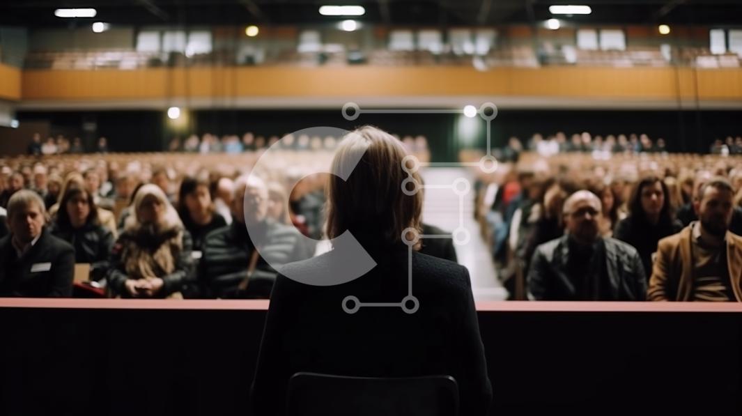 Professional woman on stage addressing audience with microphone stock ...