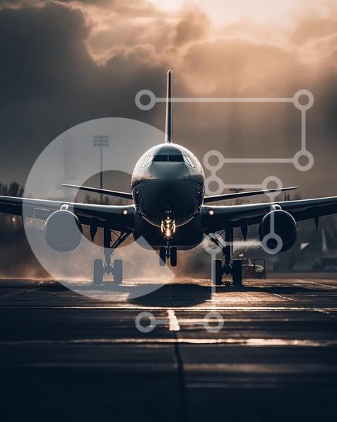 Boeing 747 Airplane on Runway at Dusk with Sunset in Background stock ...