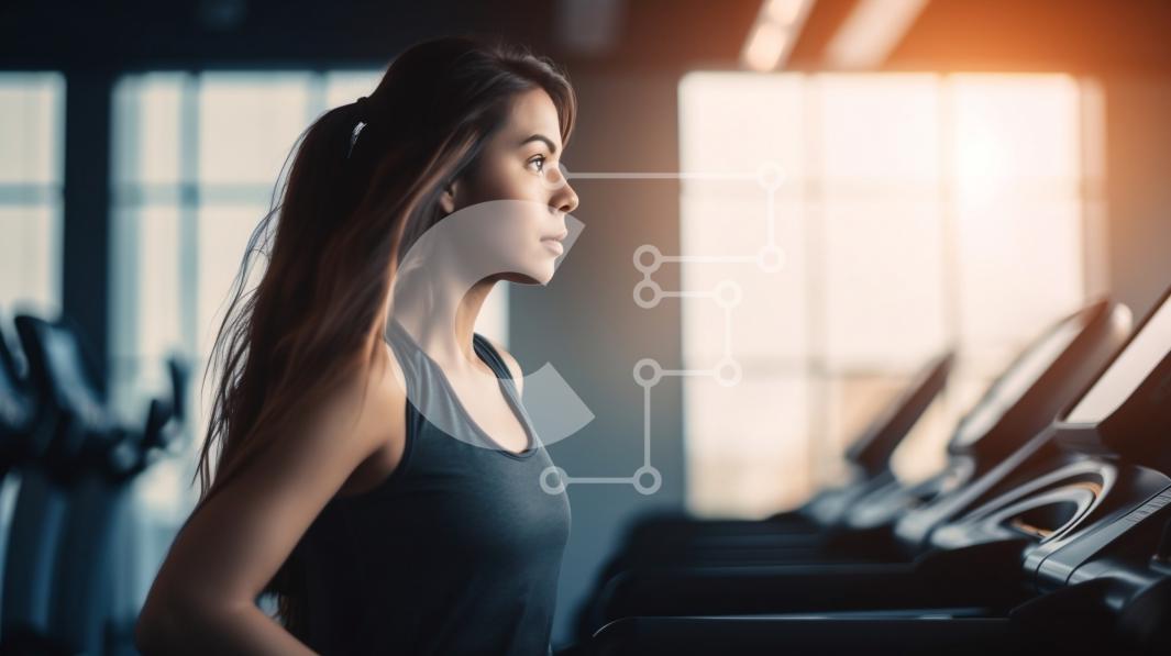 Determined Woman Working Out on Treadmill in Dimly Lit Gym stock photo ...