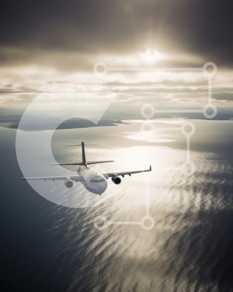 Aerial View of Airplane over Body of Water with Clouds stock photo ...