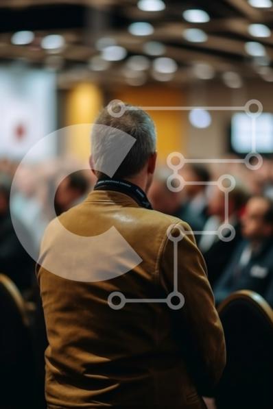 Man Speaking to Audience in Large Auditorium stock photo | Creative Fabrica